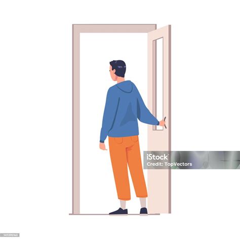 열린 문에서 남자 캐릭터 집을 떠나 외출 벡터 일러스트 레이 션 가정 생활에 대한 스톡 벡터 아트 및 기타 이미지 가정 생활