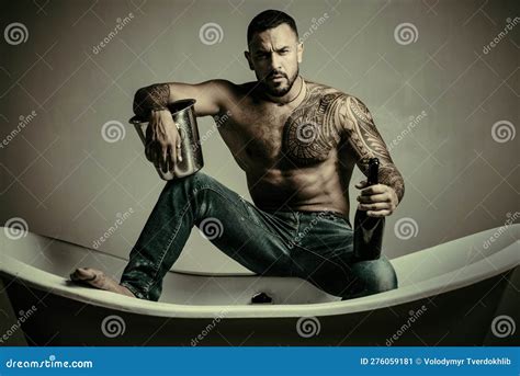 Single Man Drink Champagne From Bottle Cold Alcohol With Ice Bucket