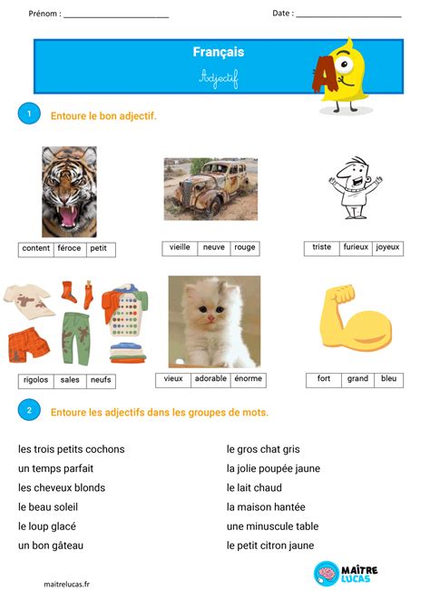 Fiches Exercices Adjectif s entrainer à les identifier pour CP CE1