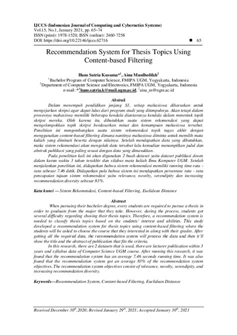 Pdf Recommendation System For Thesis Topics Using Content Based Filtering