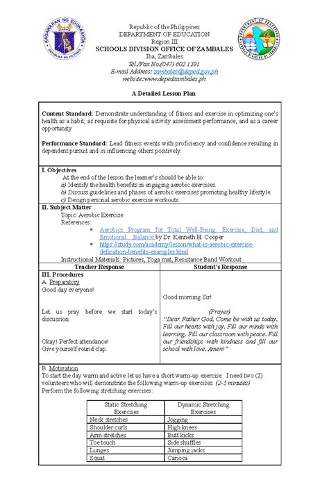 Aerobic LP Lesson Plan Republic Of The Philippines DEPARTMENT OF EDUCATION Region III