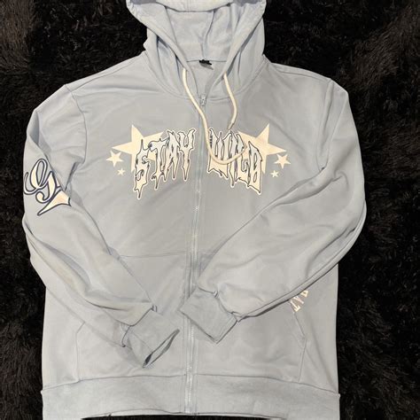 Light Blue Graphic Zip Up Hoodie Has One Cologne Depop