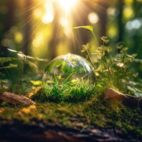 Premium Ai Image Glass Sphere In The Forest Grass And Sun