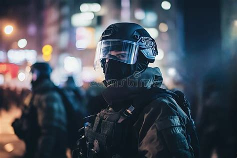 Police Officer Wearing Protective Gear Monitoring Night City Street