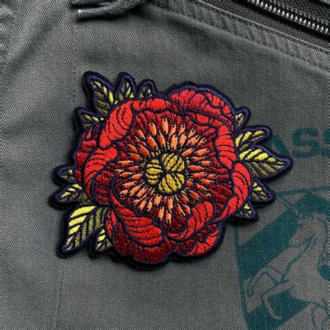 Peony Embroidered Iron On Patch Embroidered Flower Patch Etsy