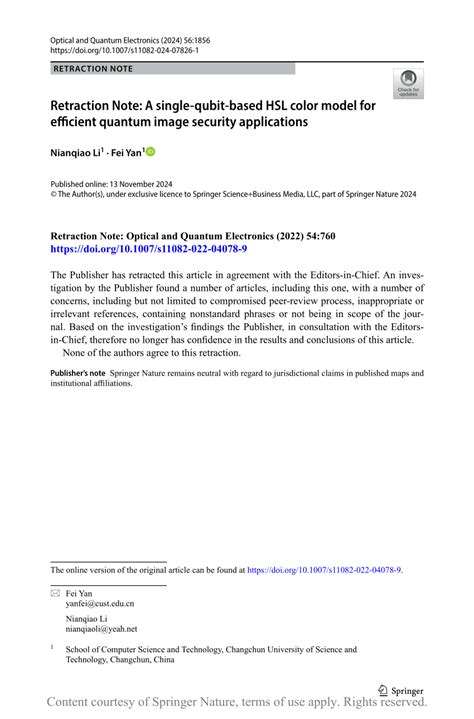 Retraction Note A Single Qubit Based Hsl Color Model For Efficient Quantum Image Security