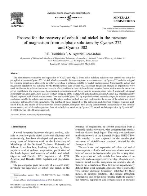Pdf Process For The Recovery Of Cobalt And Nickel In The Presence Of Magnesium From Sulfate