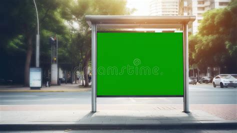 Green Screen Billboard Standing Empty At Urban Bus Stop Passing