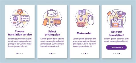 선형 개념으로 모바일 앱 페이지 화면을 온보딩하는 번역 서비스 프로세스 가격 책정 계획을 선택하고 주문 연습 단계를 그래픽 지침으로 만듭니다 아이콘이 있는 Ux Ui