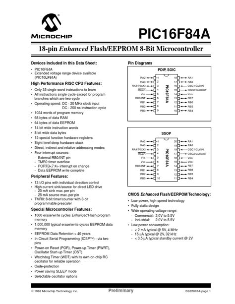 16f84a Datasheet 16f84amicrochiptechnologypdf 18 Pin Enhanced