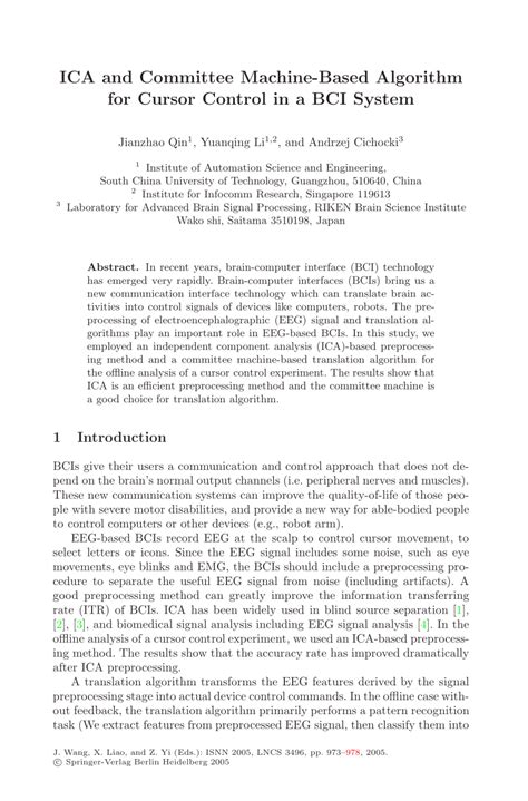 Pdf Ica And Committee Machine Based Algorithm For Cursor Control In A