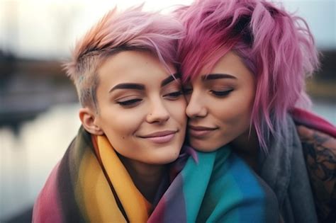 pareja lesbiana de mujeres jóvenes con cabello teñido de colores