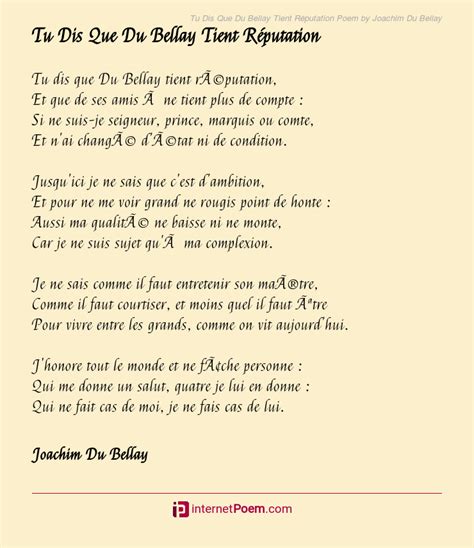 Tu Dis Que Du Bellay Tient Réputation Poem by Joachim Du Bellay