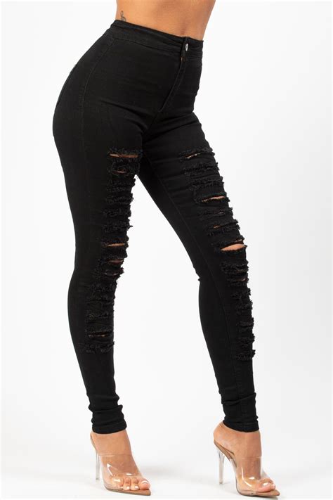 Womens Black Ripped Skinny Jeans High Waisted Uk