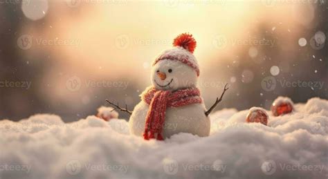 Snowman In Hat And Scarf Christmas Concept Bokeh Background