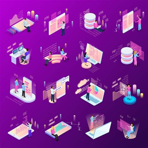 Free Vector Freelance Programming Isometric Icons Set Of Isolated Human Characters And Modern