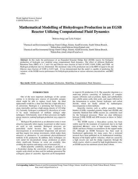 Pdf Mathematical Modeling Of Biohydrogen Production In An Egsb Reactor Utilizing Computational