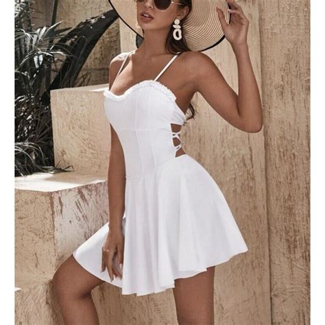 Shein Frill Trim One Piece Swim Dress Swimsuit White Depop