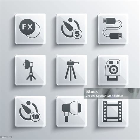 소프트 박스 라이트 카메라 롤 카트리지 사진 카메라 삼각대 타이머 Fx 및 Usb 케이블 코드 아이콘을 설정합니다 벡터 겉창에