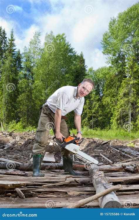 The Man In Wood Saws A Tree A Chain Saw Stock Photo Image Of Electrical Machine