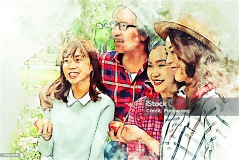 추상적인 다채로운 가족 아시아 어머니와 딸이 수채화 그림 배경에 사과 과일을 들고 먹고 있습니다 가족에 대한 스톡 사진 및 기타