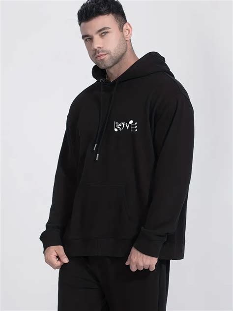 Plus Size Mens Love Print Hoodie Comfy Stretch Drawstring Temu New