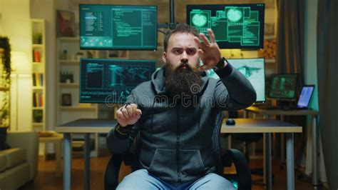 Bearded Hacker Doing Hand Gestures Using Augmented Reality Stock