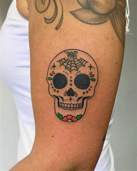 Hand Poked Sugar Skull Tattoo On The Upper Arm