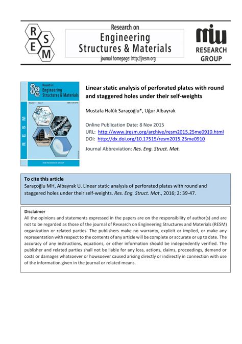 PDF Linear Static Analysis Of Perforated Plates With Round And Staggered Holes Under Their