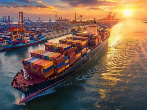Cargo Ship At Sunset In A Bustling Port Stock Image Image Of Commerce
