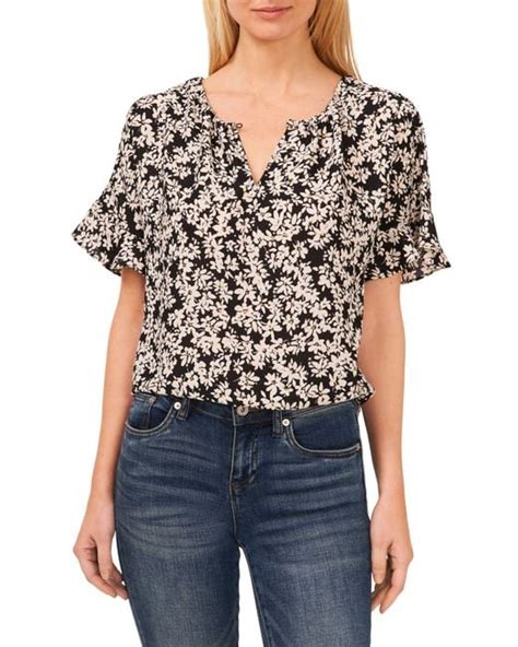 Cece Floral Print Ruffle Sleeve Top In Black Lyst