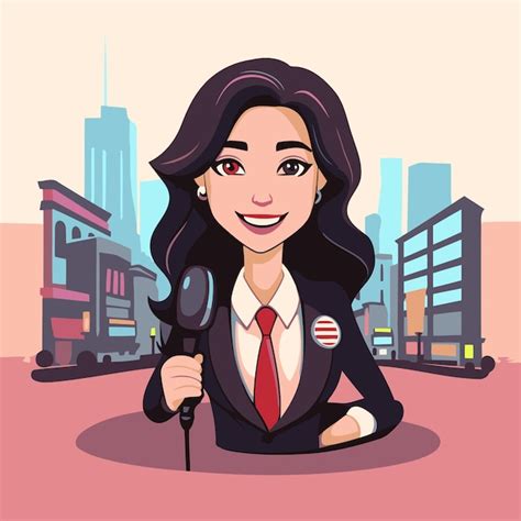 Mulher repórter microfone na cidade ilustração vetorial estilo