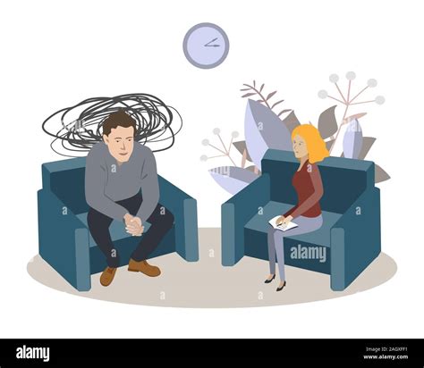 Vector Cartoon Illustration Of Psychotherapy Man In Depression And