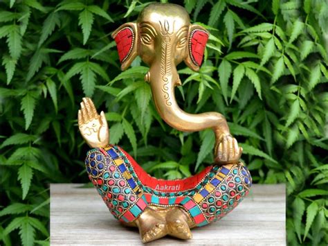 Lord Ganesh Brass Statue With Stonework Idol For Home Mandir Temple