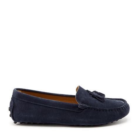 Womens Tasselled Driving Loafers Navy Blue Suede Hugs And Co