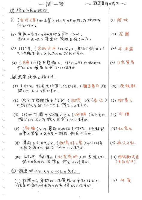 中学社会 歴史鎌倉幕府の成立 ママ塾ノート