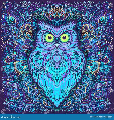 可爱的抽象猫头鹰与迷幻的华丽模式 宠物爱好者的角色纹身设计印刷品的艺术品纺织品 向量例证 插画 包括有 猫头鹰 幻觉 169495088