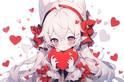 Cute Kawaii Anime Girl With Blue Eyes And White Hair Lies On The Bed