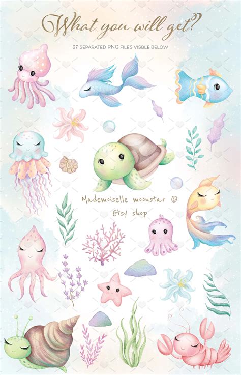 Клипарт маленьких морских животных Часть 2 Милые морские Etsy