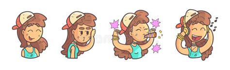 Cute Teenage Girl In Cap With Different Facial Expression Vector Set