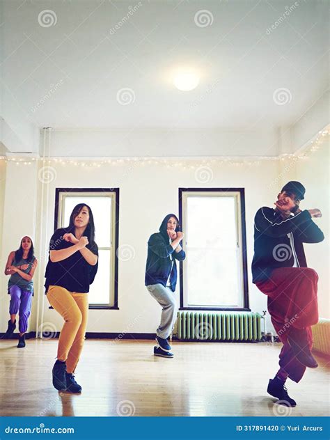 Dancer Group Fitness And Hip Hop For Breakdance With Teacher To