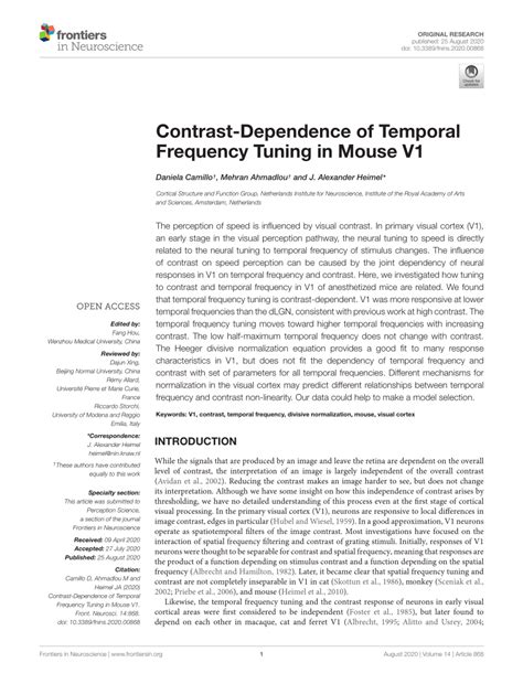 Pdf Contrast Dependence Of Temporal Frequency Tuning In Mouse V1