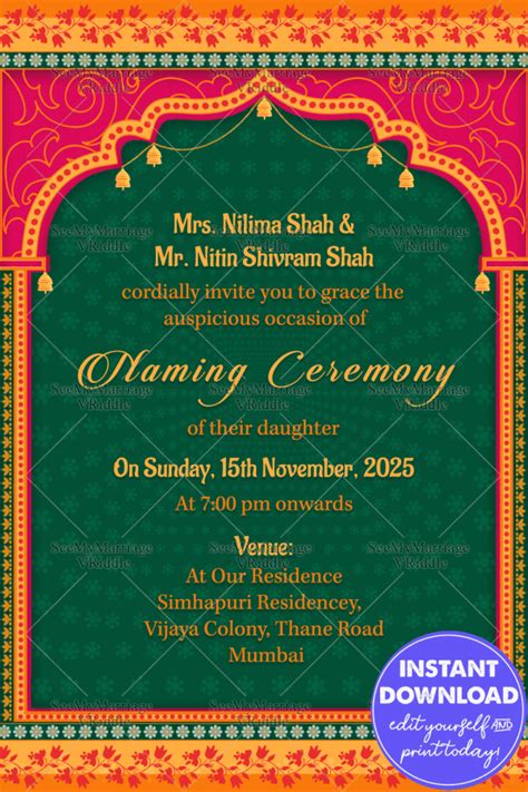 Traditional Arc With Pink Green Theme Naming Ceremony Invitation Card SeeMyMarriage