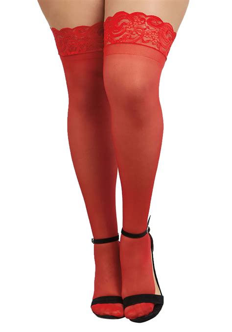 Womens Plus Size Red Sheer Thigh High Stockings With Scalloped Lace