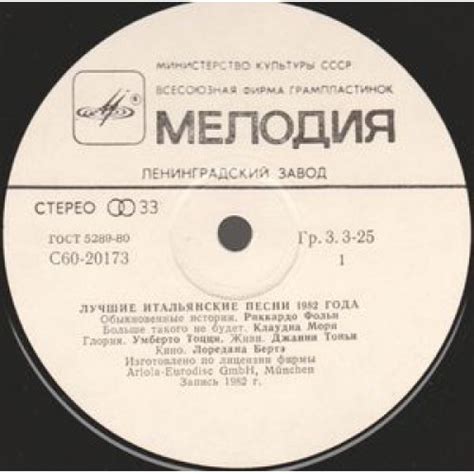 Виниловая пластинка Лучшие Итальянские Песни 1982 Года (used) купить по ...