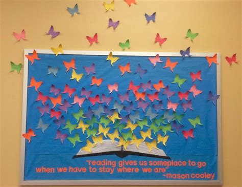 A Bulletin Board With Colorful Butterflies On It And A Book In The