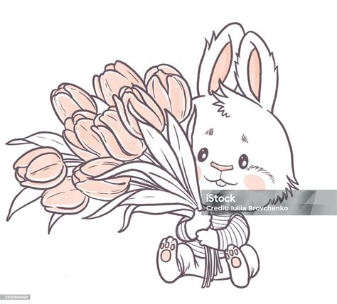 귀여운 만화 흰 토끼가 앉아서 그의 발에 봄 튤립의 거대한 꽃다발을 들고 라인 아트 0명에 대한 스톡 벡터 아트 및 기타 이미지
