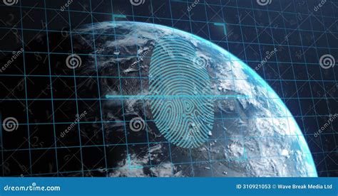 Image Of Biometric Fingerprint And Scope Scanning Over Globe Stock