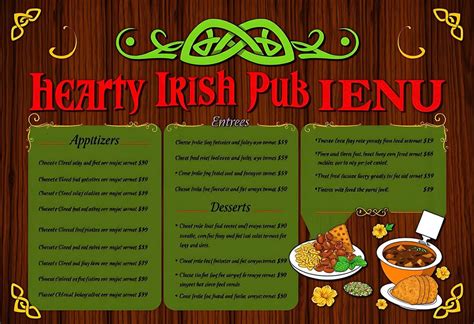 Hearty Irish Pub Menu Featuring Celtic Knots And Rich Warm Colors Menu