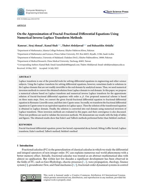 Pdf On The Approximation Of Fractal Fractional Differential Equations Using Numerical Inverse